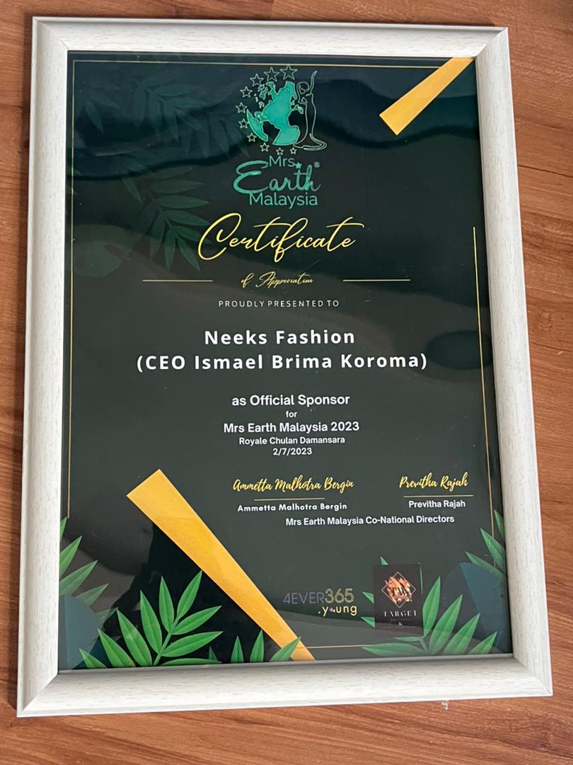 Neeks Fashion Receives Certificate of Appreciation at Mrs Earth ...